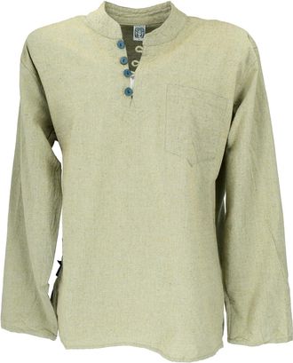 Guru Shop Nepal Ethno Yogahemd mit Kokoskn&ouml;pfen, Kurta-Hemd, Freizeithemd mit Stehkragen - Hellgr&uuml;n, Herren, Baumwolle, Size:XL