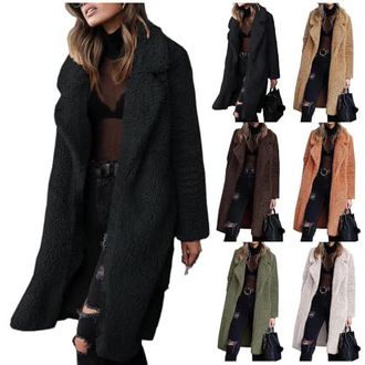 Generic Manteau en fausse fourrure &agrave; revers - Vestes longues - Cardigan long &agrave; lavant - Manteau en fausse fourrure chaude pour lhiver, Noir, 3XL
