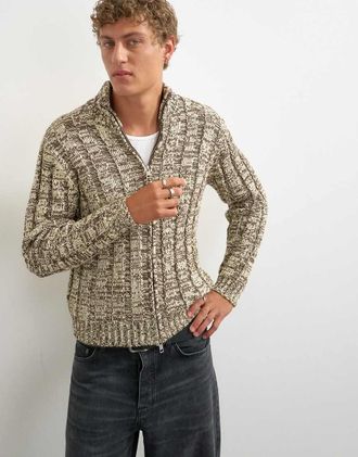 Topman pull slim fit &agrave; col chemin&eacute;e torsad&eacute; avec double zip marron