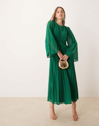 Asos Plissiertes, hinten gebundenes Chiffon-Midikleid in Gr&uuml;n mit Trompeten&auml;rmeln und Winkelstreifenmuster