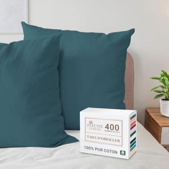 Pizuna Coton Peign&eacute; Set de 2 Taies doreiller 65x65 cm Bleu Paon, 100% Coton Longue Tige 400 Fils Armure Satin Taies doreiller en Coton 65x65 avec Rabat de 20