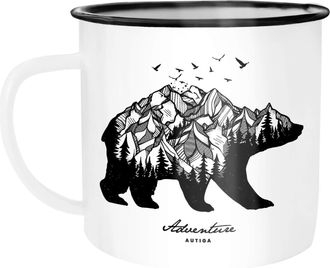 Autiga Emaille Tasse Becher B&auml;r Berge Wald Abenteuer Bear Mountains Adventure Kaffee-Tasse wei&szlig;-schwarz unisize