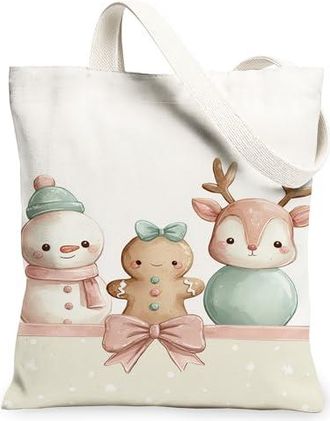 Generic Sacs fourre-tout en toile avec motif animal de No&euml;l, joli bonhomme de neige, renne, sacs d&eacute;picerie r&eacute;utilisables, l&eacute;gers et lavables, toile pour les v