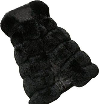 LaoZan Gilet Vest Manteau en Fausse Fourrure sans Manches pour Femmes - Noir - Medium