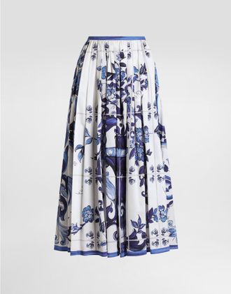 Dolce & Gabbana DG EXCLUSIVE Dolce & Gabbana Langer Rock Aus Baumwollsatin Mit Majolika-print - Frau Röcke Blau 40