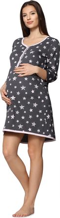 Be Mammy Damen Umstands Nachthemd mit Stillfunktion BE20-176 (GraphitSterneRosa, S)
