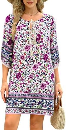 Zeagoo Robe d&eacute;t&eacute; pour femme - Style boh&egrave;me - Manches 3/4 - Tunique - Mini robe ample - Robe d&eacute;contract&eacute;e, magenta floral, M