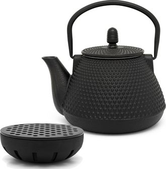 Bredemeijer Teekanne asiatisch Gusseisen Set 0.8 Liter - schwarze Gusskanne mit Henkel & Edelstahl Tee-Filter Sieb-Einsatz für losen Tee & Stövchen