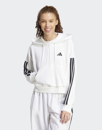 adidas adidas Performance - Essentials - Kapuzenpullover aus French Terry in Weiß/Schwarz mit kurzem Reißverschluss und den 3 Streifen