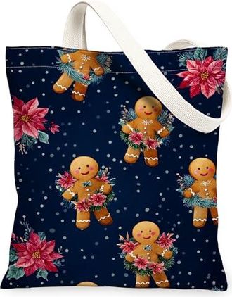 Generic Sacs fourre-tout en toile de pain d&eacute;pices, motif biscuits festifs, sacs d&eacute;picerie r&eacute;utilisables, vacances fantaisie, l&eacute;gers, lavables, bleu marine, 13