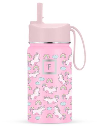 Iron Flask Kinder-Wasserflasche - 400 ml, Strohhalmdeckel, 20 Namensaufkleber, vakuumisolierter Edelstahl, doppelwandiger Becher, Reisebecher, Thermobecher, Meta