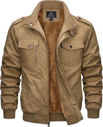 Magcomsen Jacke Herren Winter Parka Fleece Winterjacke Warm Gefüttert Cargojacke für Männer Übergangsjacke Outdoor Jacke Baumwoll Bomberjacke Khaki 3XL