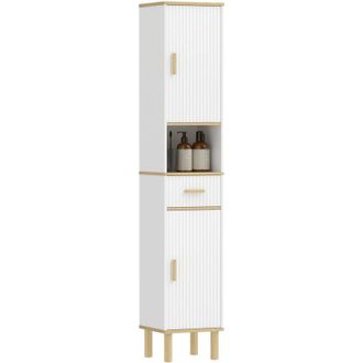 HOMCOM Meuble colonne salle de bain - HOMCOM - 2 portes, tiroir, compartiment ouvert et &eacute;tag&egrave;re r&eacute;glable - bois - 31,5x29,7x171,5cm - blanc
