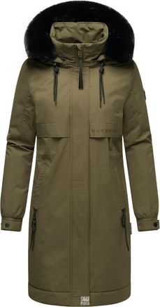Navahoo Damen Mantel Lange warme Winterjacke mit Kunstfell und Kapuze (beides abnehmbar) Kaltwetterretter 14 Olive Forest Gr. 6XL
