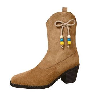 Generic Bottes de cowboy larges et d&eacute;contract&eacute;es pour femme - &Eacute;l&eacute;gantes - Couleur unie - Talon &eacute;pais - Noeud - Confortables - Pour lautomne et lhiver, marron,
