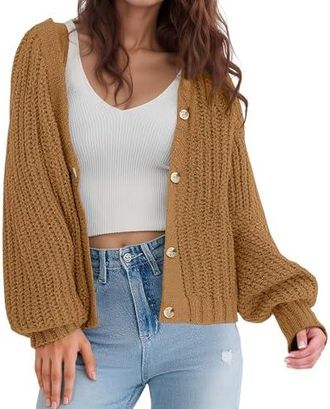 Generic Pull &eacute;pais ouvert sur le devant &agrave; manches longues en tricot boutonn&eacute; pour femme, jaune, 3XL