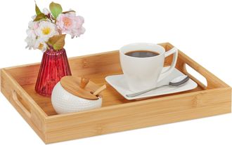 Relaxdays Tablett Bambus, HBT: 5 x 34,5 x 25 cm, Serviertablett mit Griffen, hoher Rand, Küchentablett rechteckig, Natur