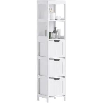 HOMCOM Homcom - Badezimmerschrank Badschrank, Bad Hochschrank mit 3 Schubladen, 2 offenen F&auml;chern, Aufbewahrungsschrank f&uuml;r Badezimmer, Wohnzimmer, Wei&szlig;, 30