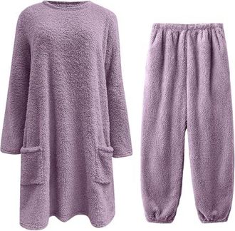 Generic Ensemble de v&ecirc;tements de d&eacute;tente en polaire pour femme - Ensemble de pyjama pour femme - Tunique moelleuse grande taille &agrave; col rond avec pantalon conf