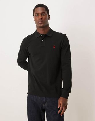 Polo Ralph Lauren Polo ajust&eacute; en piqu&eacute; &agrave; manches longues avec logo embl&eacute;matique - Noir