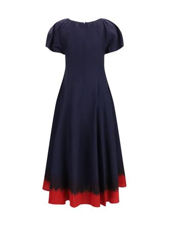 Tory Burch Womens Midi Dress With Balloon Sleeves Medium Navy - Red Viscose; Linen