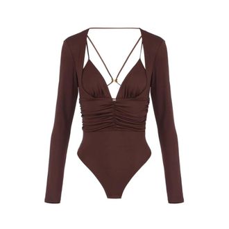 Elisabetta Franchi Femme, Tops, Brun, Taille: 38 FR Body en jersey cr&ecirc;pe avec drap&eacute;
