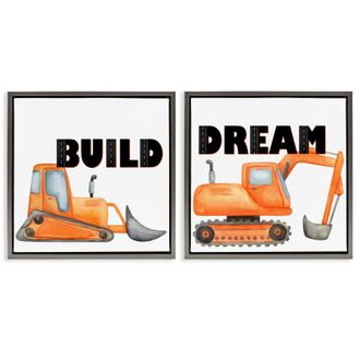Stupell Industries Build & Dream Baufahrzeuge 2-teiliges braunes gerahmtes Floater-Leinwand-Set, Design von Kim Allen, 45,7 x 45,7 cm