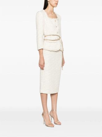 Self Portrait Boucl&eacute; Midi With Chain Belt Dress - Cream
