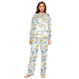 Alaza Ensemble de pyjama en polaire pour femme Corgi fond rose os vêtements de détente à manches longues vêtements de nuit vêtements de nuit pyjama thermiqu