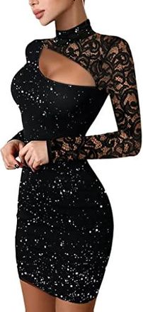 TOMWELL Robe De Cocktail Femme Manches Longue en Maille Mini Jupe Mi-Longue Dentelle Dress Col en V Automne Hiver Z Noir5 XS