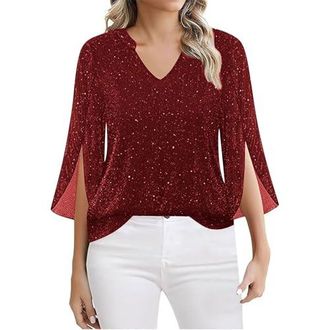 Generic Hauts scintillants pour femmes, manches 3/4, chemises &agrave; paillettes &agrave; col en V, &eacute;l&eacute;gantes, chemisiers &agrave; volants, pulls pour femmes, chemises pliss&eacute;es a