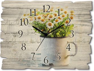 Artland Wanddeko Wanduhr ohne Tickgeräusche aus Holz Quarzuhr 40x30 cm Rechteckig Lautlos Blumen Gänseblümchen Frühling Natur Garten Ländlich T4UE