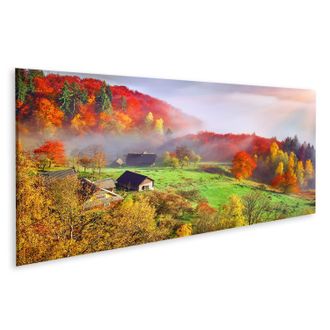 Islandburner Bild Bilder auf Leinwand Bunte Herbstlandschaft im Bergdorf. Nebliger Morgen in den Karpaten. Sokilsky Gebirge, Ukraine, Europa. Wandbild, Poster, Lei