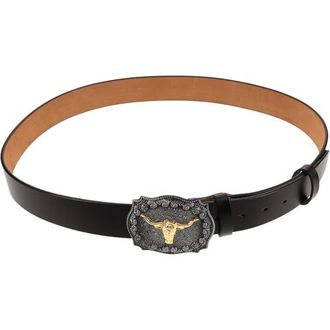IFUNDOM Ceinture Western en Cuir de Vachette Noire pour Hommes Boucle T&ecirc;te de Taureau Vintage Ceinture R&eacute;glable pour Jean et Style Cowboy Accessoire Mode Poly