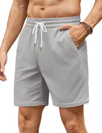 Coofandy Herren Corduroy Shorts Sommer Elastische Taille Leinen Baumwolle Shorts mit Tunnelzug Hellgrau 32