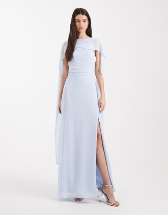 Tfnc Robe longue fendue en mousseline avec cape pour demoiselle dhonneur - Bleu