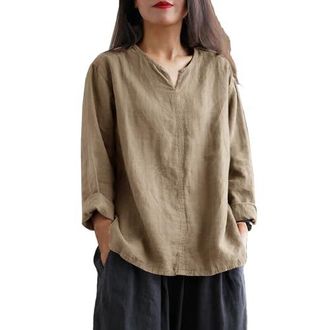 Generic Chemisier d&eacute;contract&eacute; en coton et lin pour femme - Couleur unie - Coupe d&eacute;contract&eacute;e - Tunique ample et confortable - Chemisier &eacute;l&eacute;gant &agrave; manches long