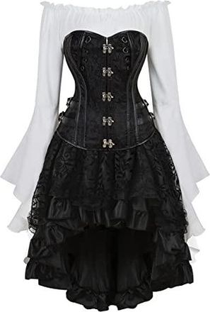 Grebrafan Corset Cuir Sexy et Jupe Pirate Chemisier Deguisement Bustier Halloween (EUR(40-42) 2XL, Noir)