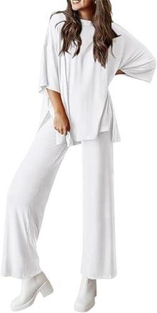 Generic Ensemble de pyjama pour femme, comprenant un haut &agrave; manches longues super doux et un pantalon long assorti, parfait pour se d&eacute;tendre &agrave; la maison, blan