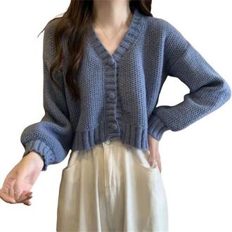 Generic Cardigan fin &agrave; col en V boutonn&eacute; d&eacute;contract&eacute; pour femme, Bleu, taille unique