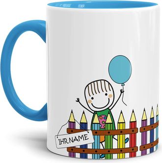 Tassendruck Einschulungs-Tasse Junge am Zaun - ABC-Schütze/Schule/Kind / 1. Klasse/Geschenk zur Einschulung/Schul-klasse/Personalisiert/mit Name/Innen & Henkel He