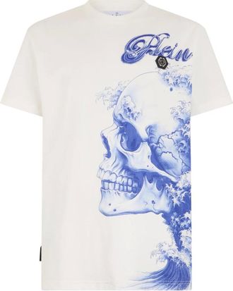 Philipp Plein Homme, Tops, Blanc, Taille: XS T-Shirt Col Rond T&ecirc;te de Mort en C&eacute;ramique