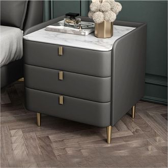 Generic Nachttisch Aus Holz Mit 3 Schubladen - Mid-Century Modern Nachttisch Mit Goldenen Metallbeinen Und Griffen, Platte Aus Gesintertem Kunstmarmor(Dark Gr