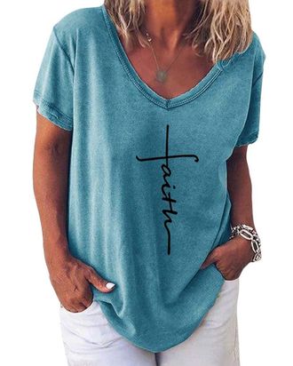 Minetom Damen Sommer T-Shirt V-Ausschnitte Loose Kurzarm Blusen Oversize Shirt Oberteile F Blau 46