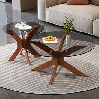 Generic Couchtisch rund 2er Set, Satztische mit Glasplatte und Holzgestell, moderner stapelbarer Beistelltisch f&uuml;r Wohnzimmer und Schlafzimmer