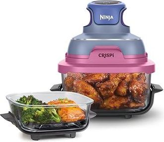 Ninja CRISPi Tragbare Hei&szlig;luftfritteuse, 3,8 l & 1,4 l, 4-in-1: Hei&szlig;luftfrittieren, Braten, Aufknuspern, kompaktes Design, 2 abnehmbare Glasbeh&auml;lter & Decke