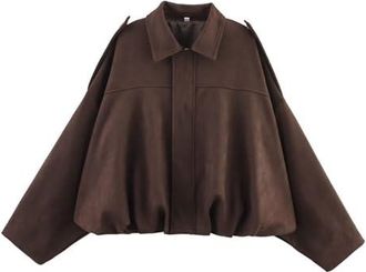 Generic Blouson bomber court d&eacute;contract&eacute; en daim synth&eacute;tique pour femme, col &agrave; revers, surdimensionn&eacute;, tendance, caf&eacute;, S