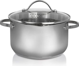 Krüger Krüger Edelstahl-Fleischtopf mit Ausguss - Kochtopf mit Ausgießhilfen - mit Induktion - hitzebeständiger Glasdeckel zum Sichtkochen - für schonendes G