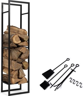 IDMarket Vertikaler Holzhalter aus schwarzem Stahl mit Ablage und Zubeh&ouml;r H. 170 cm f&uuml;r Kamin