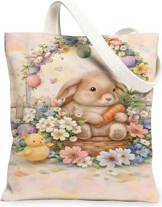 Generic Sacs fourre-tout en toile &agrave; motif floral de P&acirc;ques, motif lapin mignon et fleur, sacs d&eacute;picerie r&eacute;utilisables, sacs d&eacute;picerie printaniers, l&eacute;gers et l